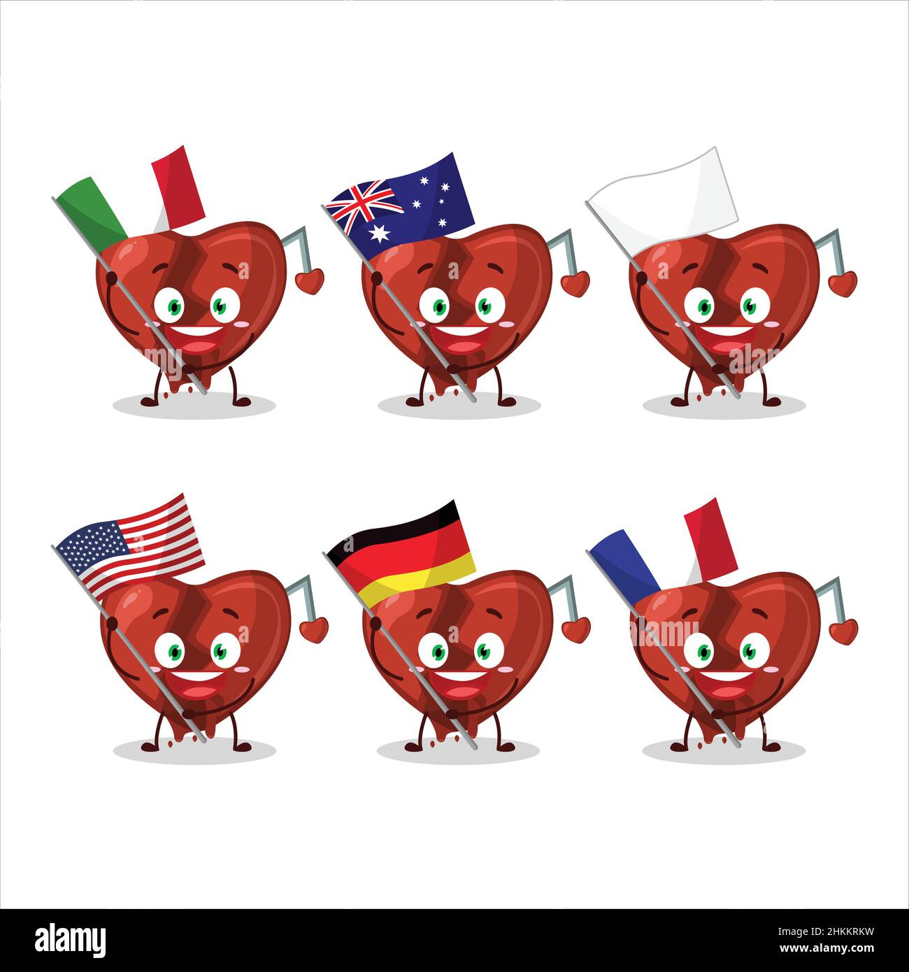 Broken heart love cartoon character bring the flags of various ...