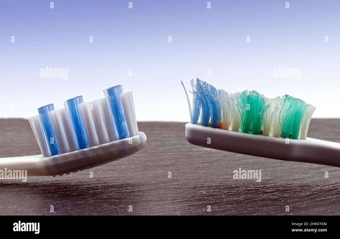 Before and after on one new toothbrush and another toothbrush old and ...