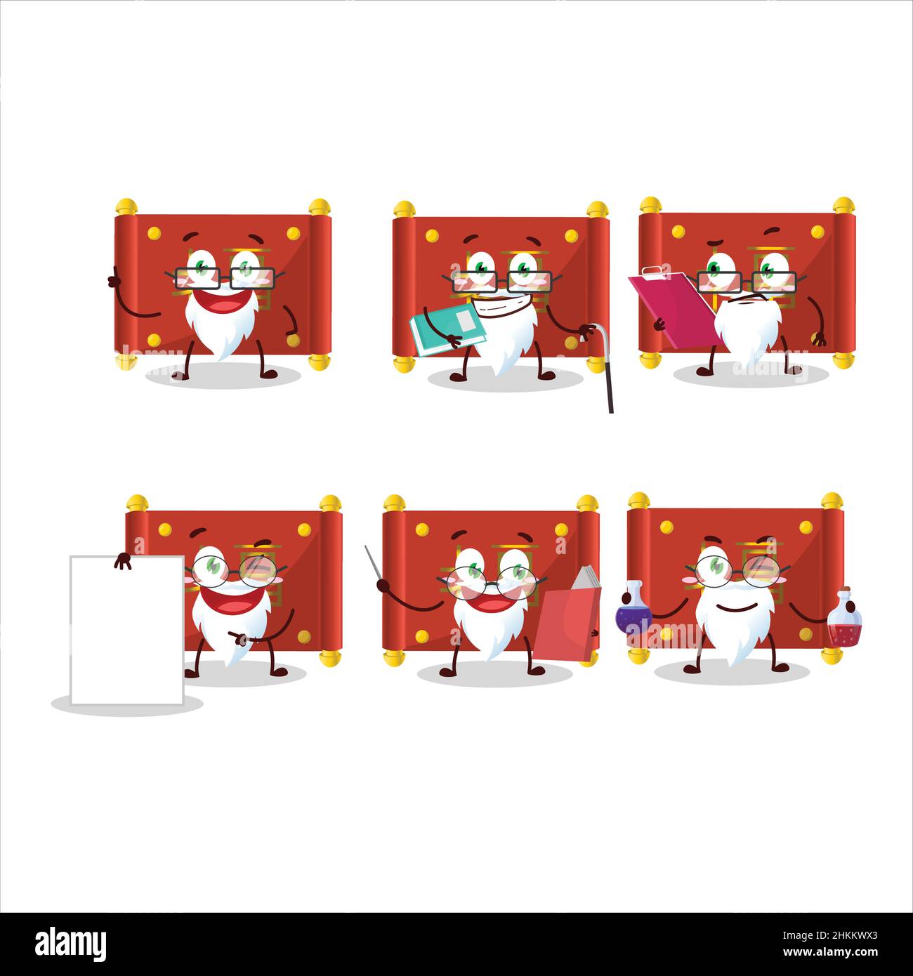 Professor red paper roll chinese academic cartoon character working on ...
