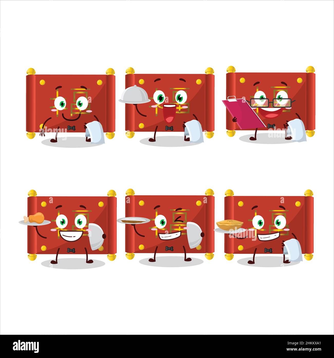 happy red paper roll chinese waiter cartoon character holding a plate ...