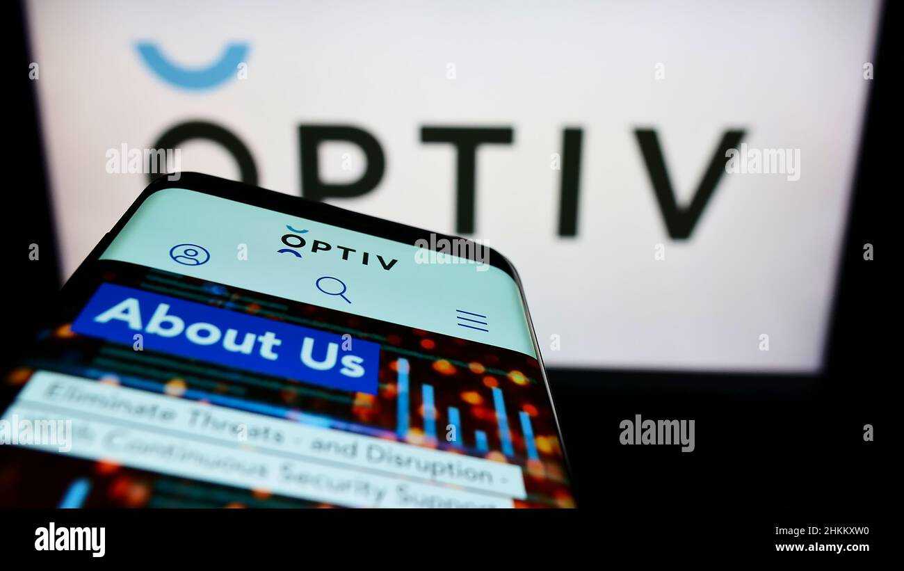 Mobile phone with website of American company Optiv Security Inc. on ...