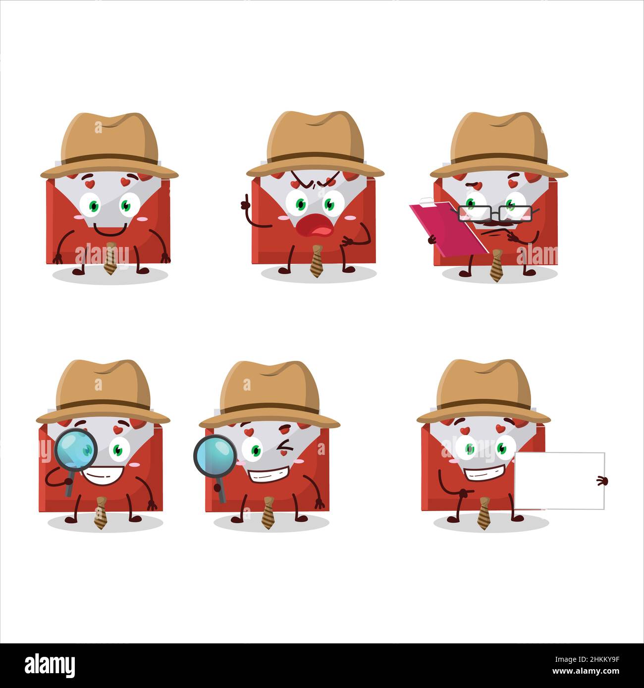 Detective red love envelope cute cartoon character holding magnifying ...