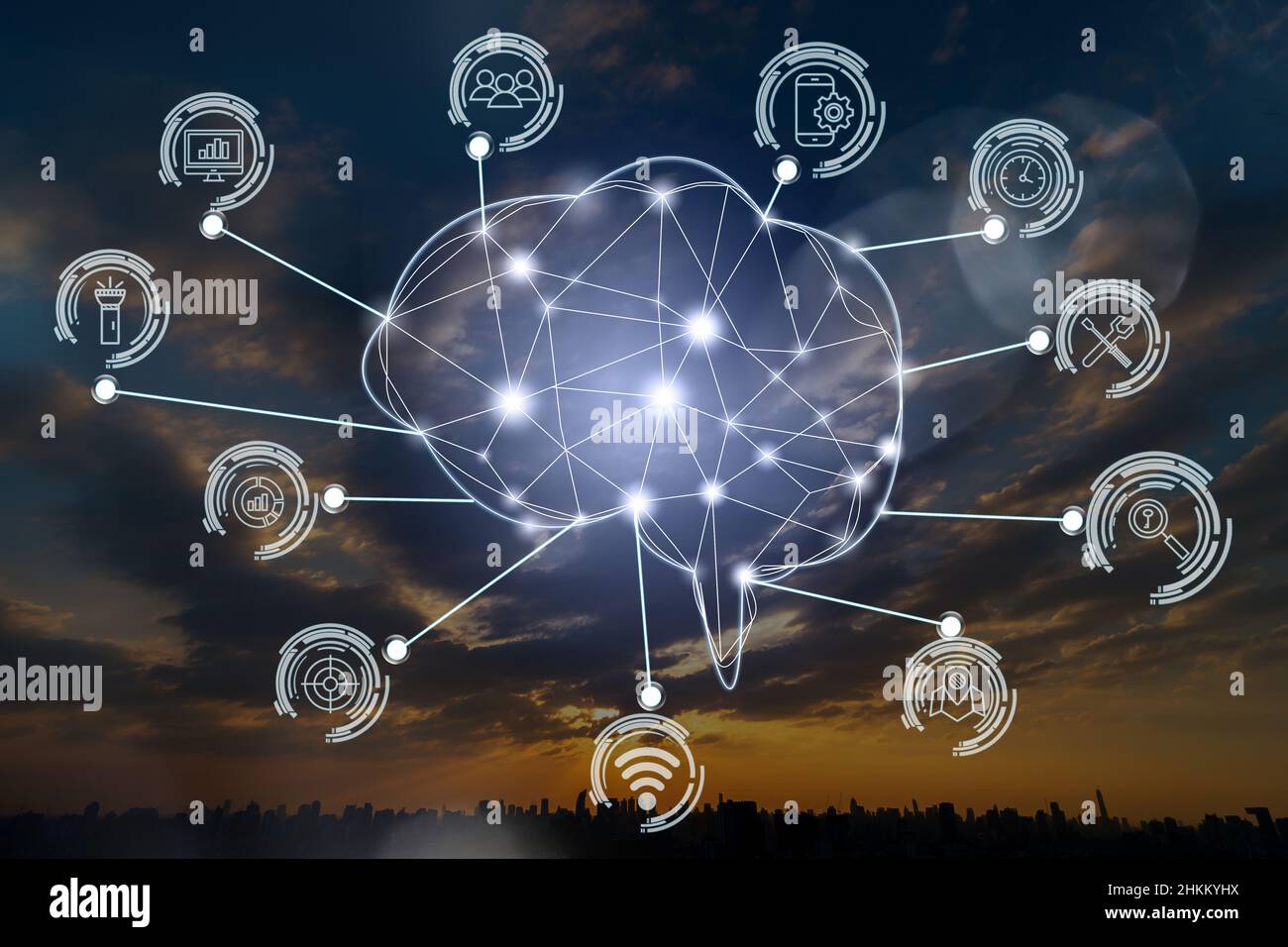 Polygonal brain shape of an artificial intelligence with various icon ...