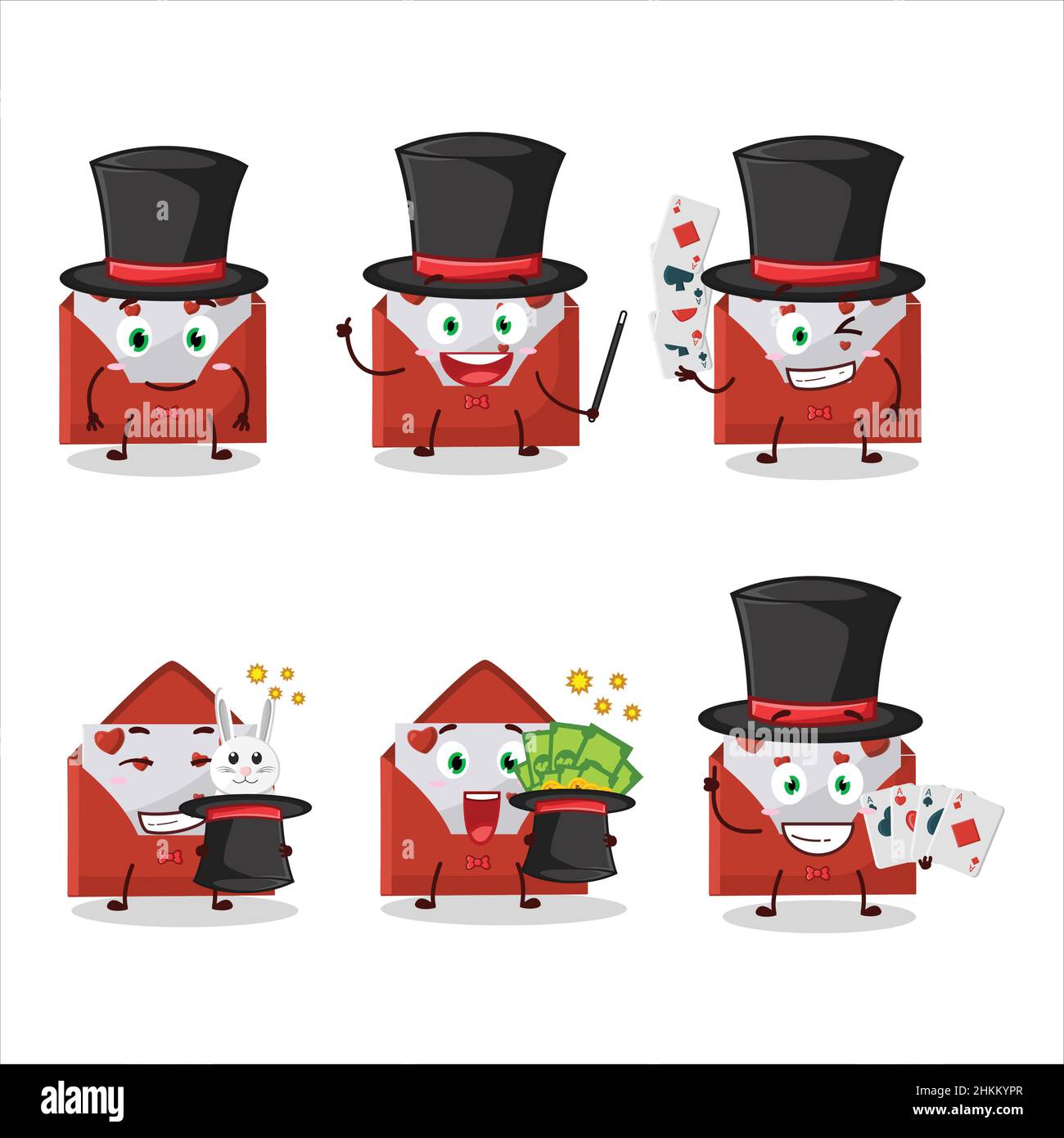 A red love envelope Magician cartoon character perform on a stage ...