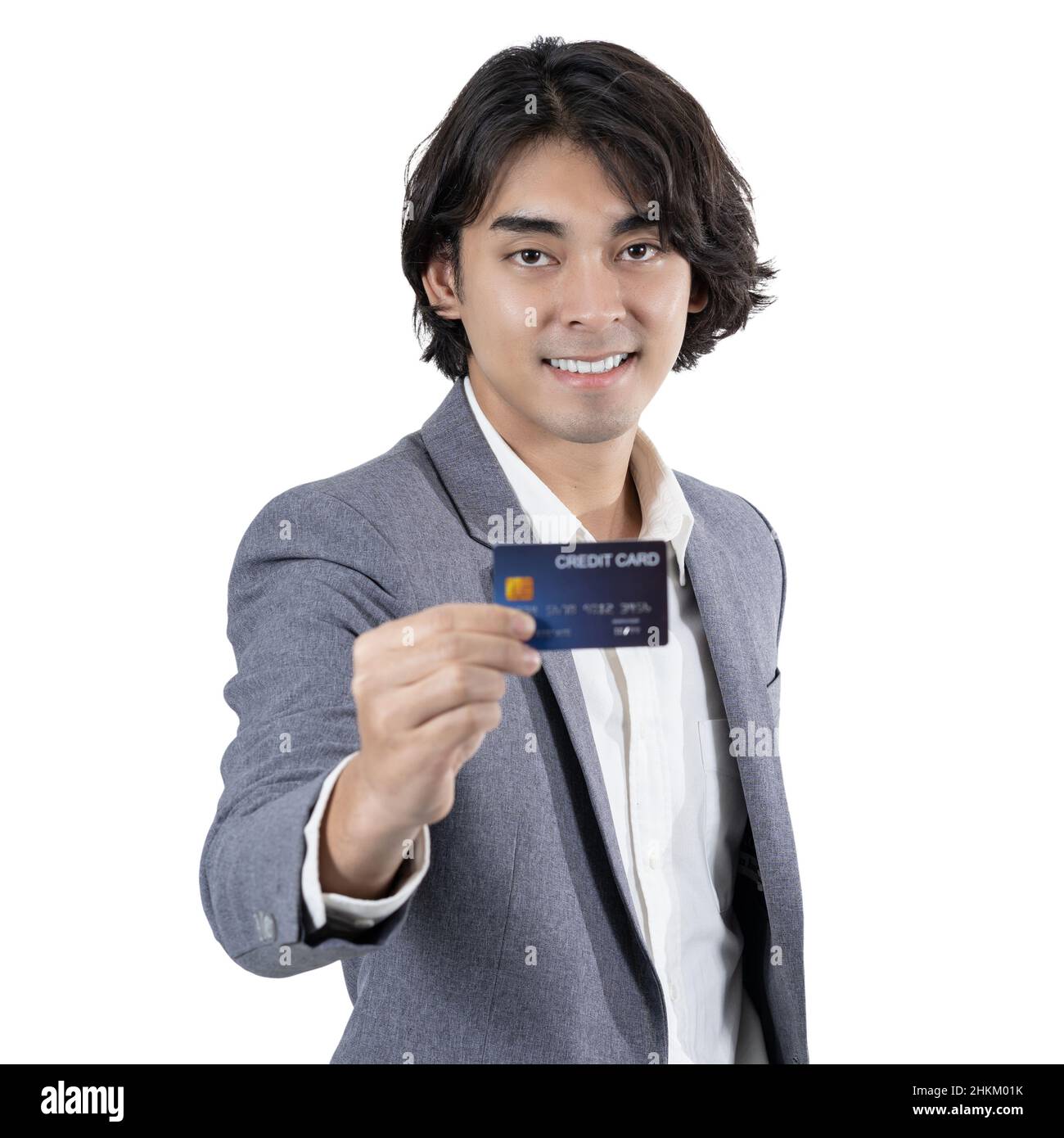 Portrait of businessman showing the credit card mockup on white background, isolate include ...