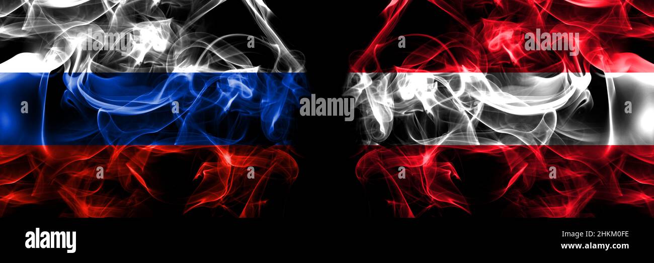 Russia, Russian vs Austria, Austrian flags. Smoke flag placed side by ...