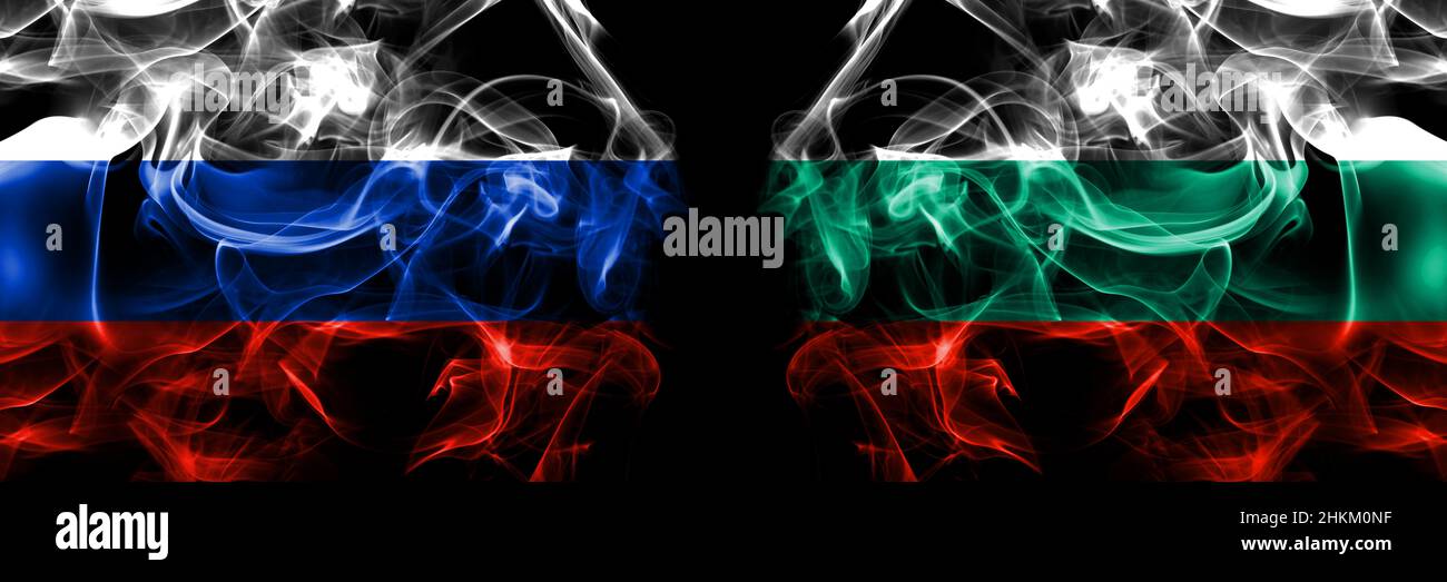 Russia, Russian vs Bulgaria, Bulgarian flags. Smoke flag placed side by ...
