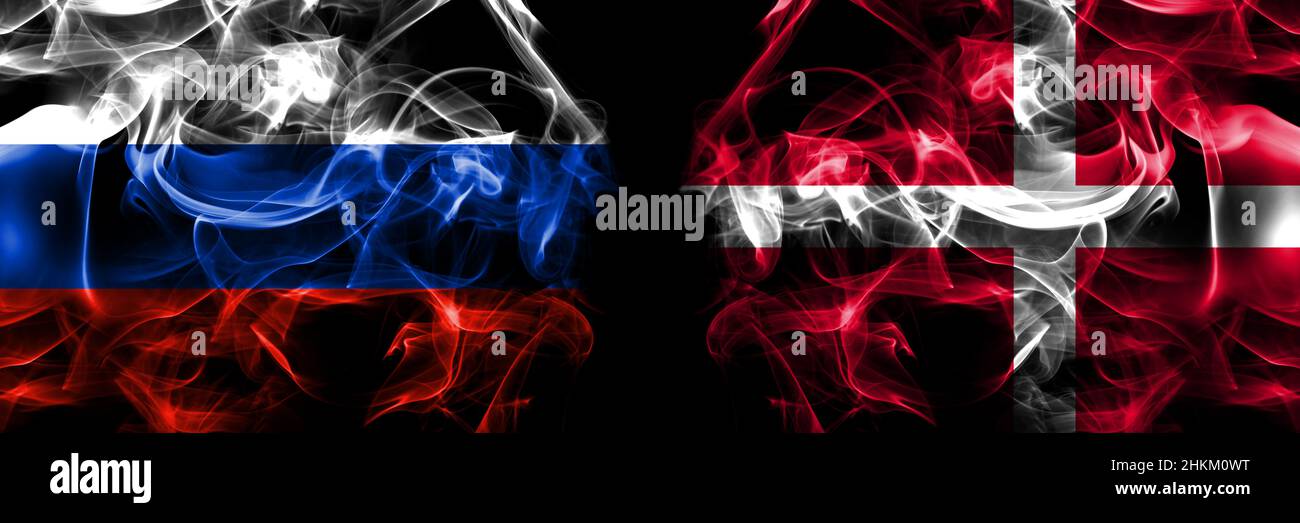 Russia, Russian vs Denmark, Danish flags. Smoke flag placed side by ...