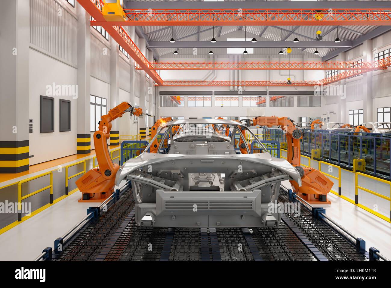 Automation automobile factory concept with 3d rendering robot assembly line in car factory Stock ...