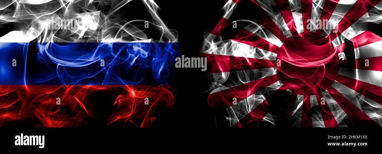 Russia, Russian vs Japan, Japanese, sun flags. Smoke flag placed side ...