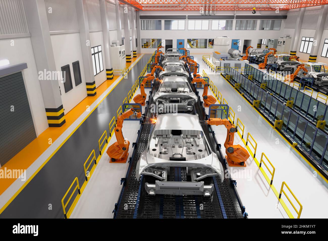 Automation automobile factory concept with 3d rendering robot assembly line in car factory Stock ...