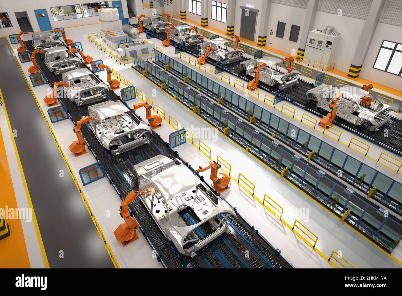 Automation automobile factory concept with 3d rendering robot assembly line in car factory Stock ...