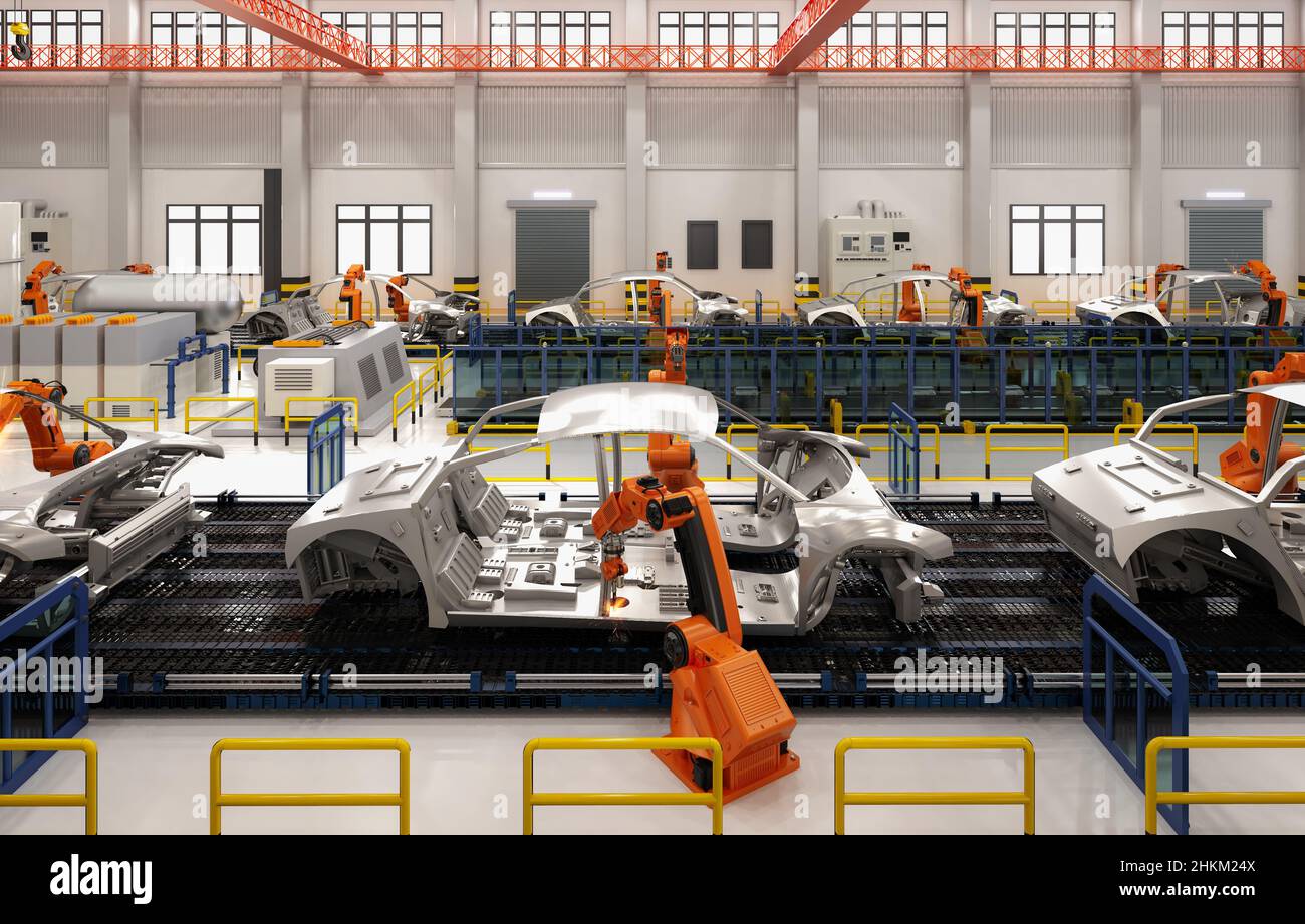 Automation automobile factory concept with 3d rendering robot assembly line in car factory Stock ...