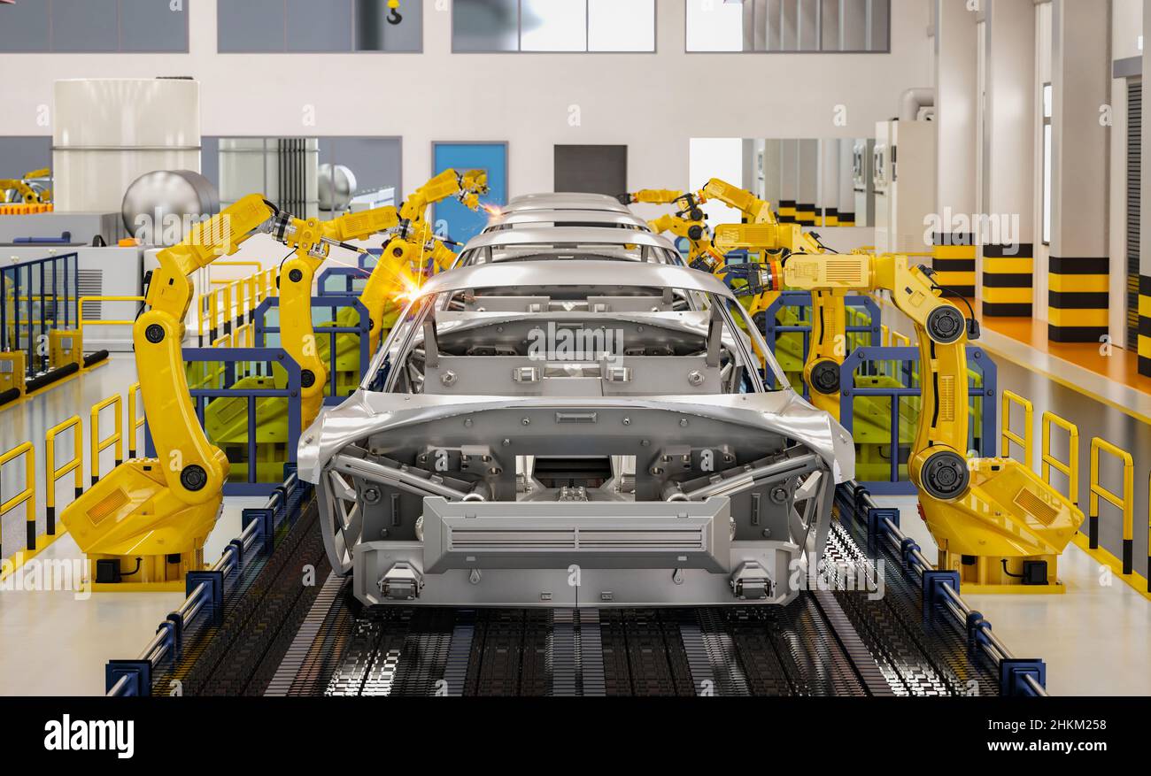 Automation automobile factory concept with 3d rendering robot assembly line in car factory Stock ...
