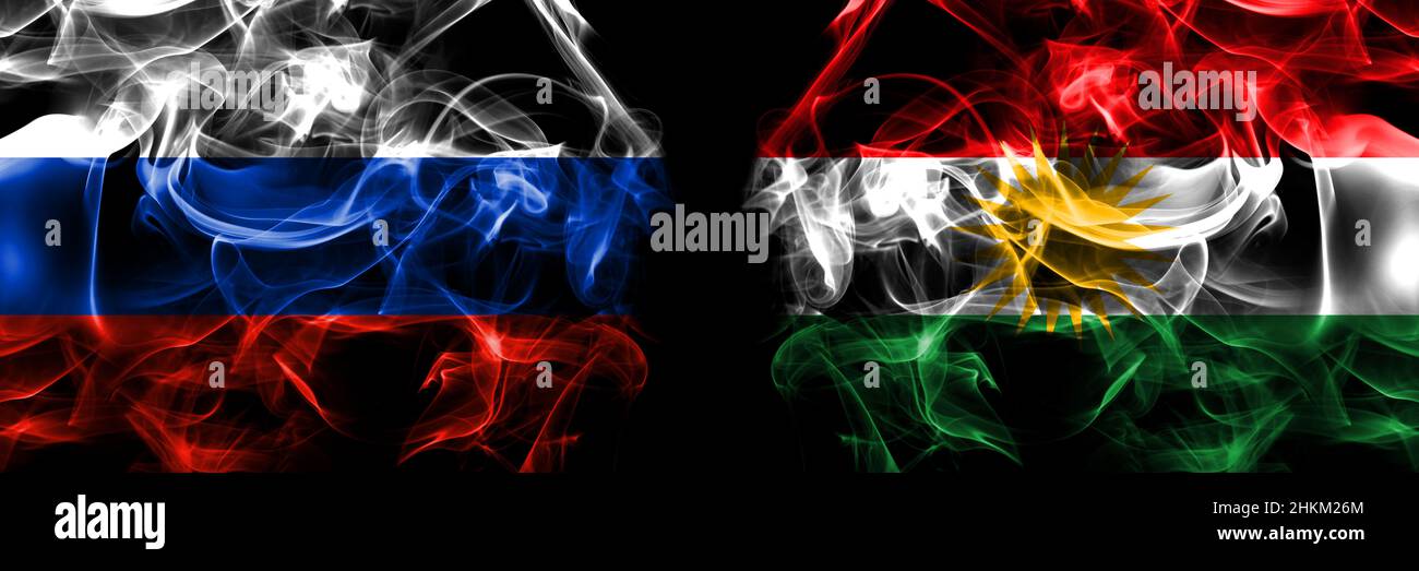 Russia, Russian vs Kurdistan, Kurdish, Kurds flags. Smoke flag placed ...
