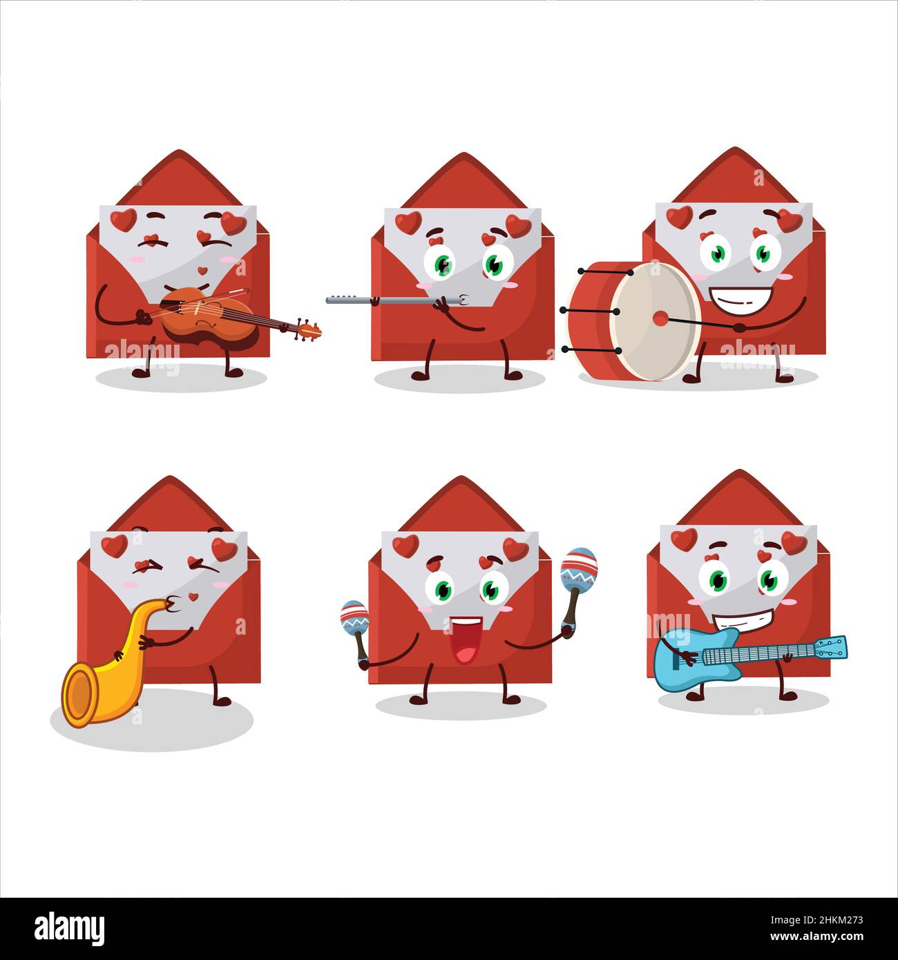 Cartoon character of red love envelope playing some musical instruments ...