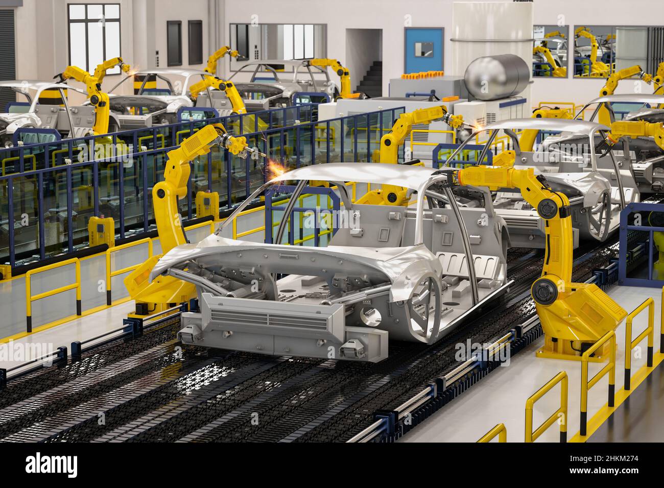 Automation automobile factory concept with 3d rendering robot assembly ...