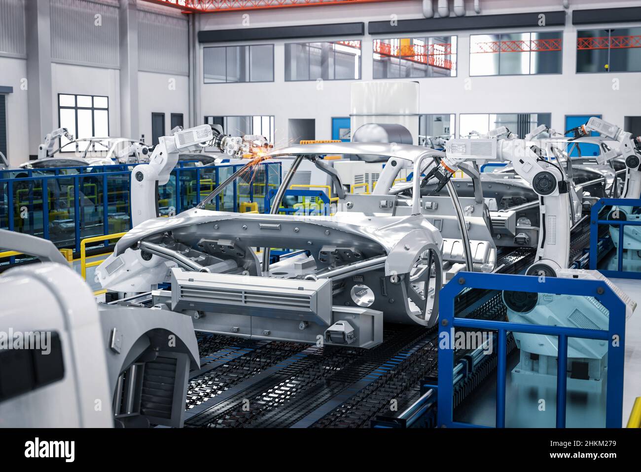 Automation automobile factory concept with 3d rendering robot assembly ...