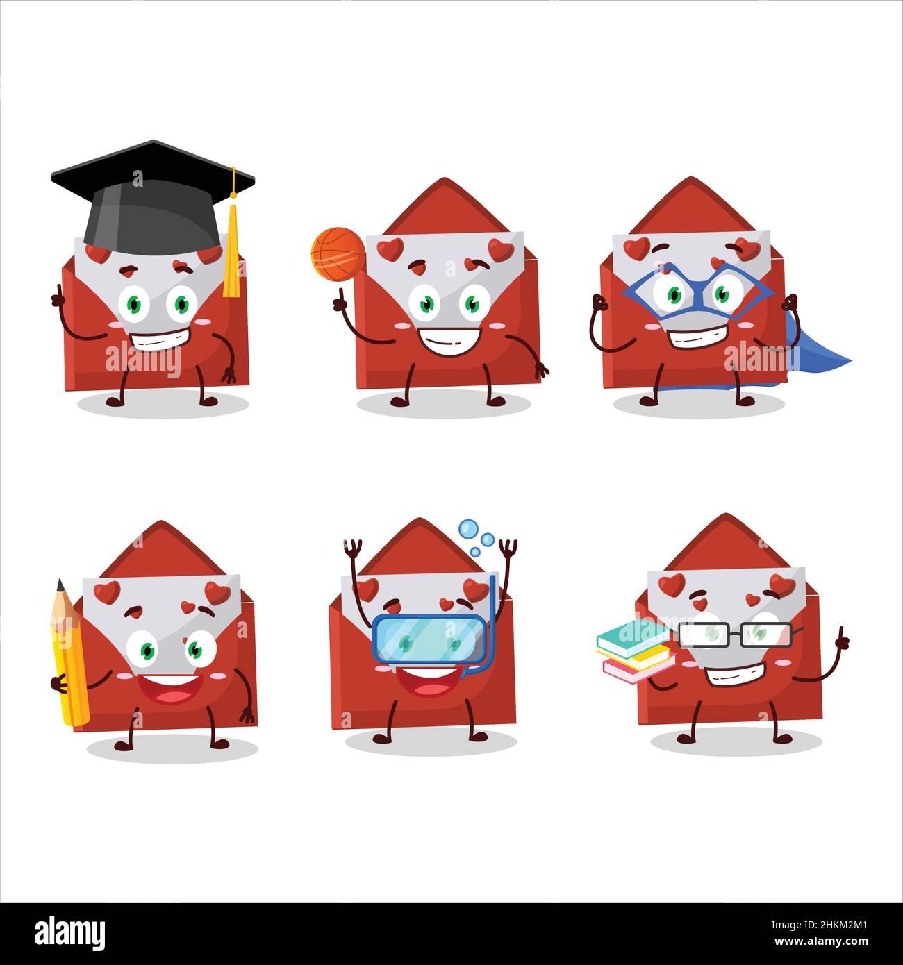 School student of red love envelope cartoon character with various ...