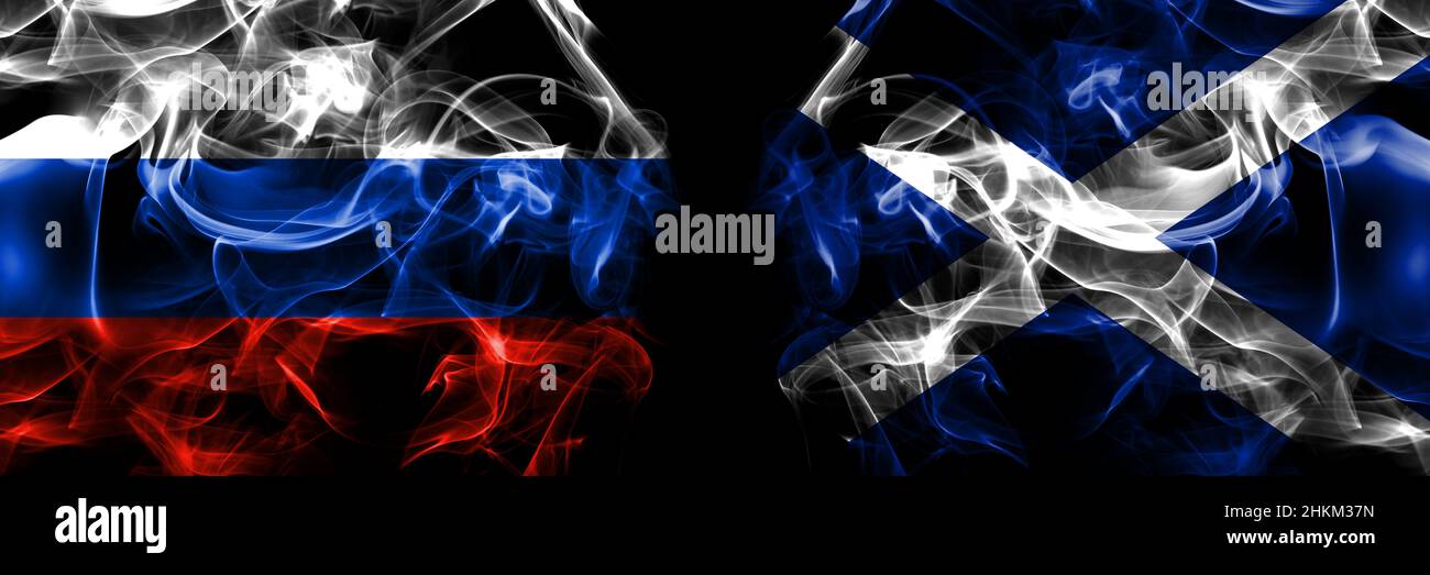 Russia, Russian vs Scotland, Scottish, Scots flags. Smoke flag placed ...