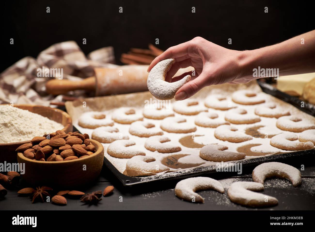 Baking tray with traditional German or Austrian Vanillekipferl vanilla ...