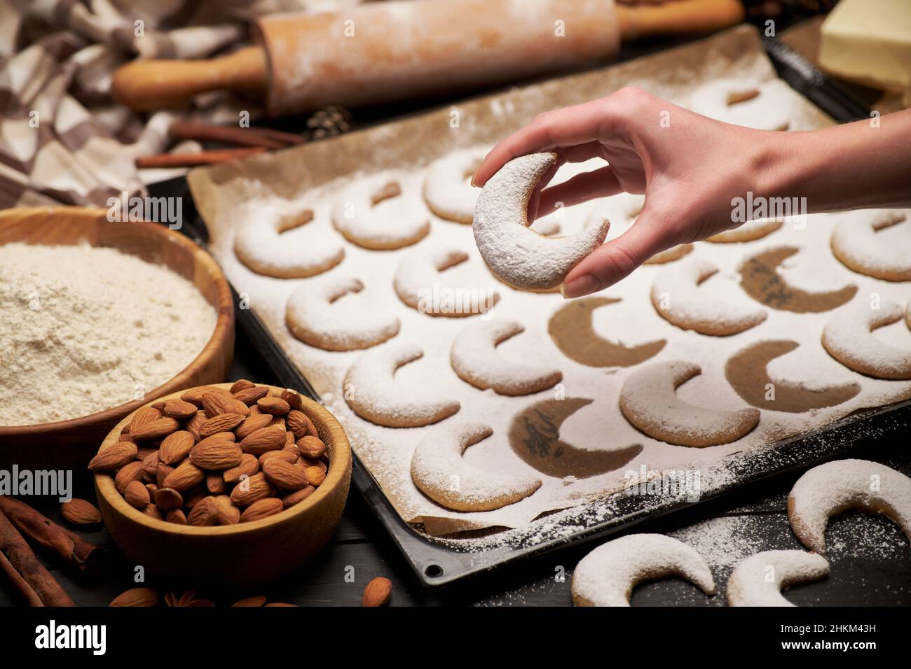 Baking tray with traditional German or Austrian Vanillekipferl vanilla ...