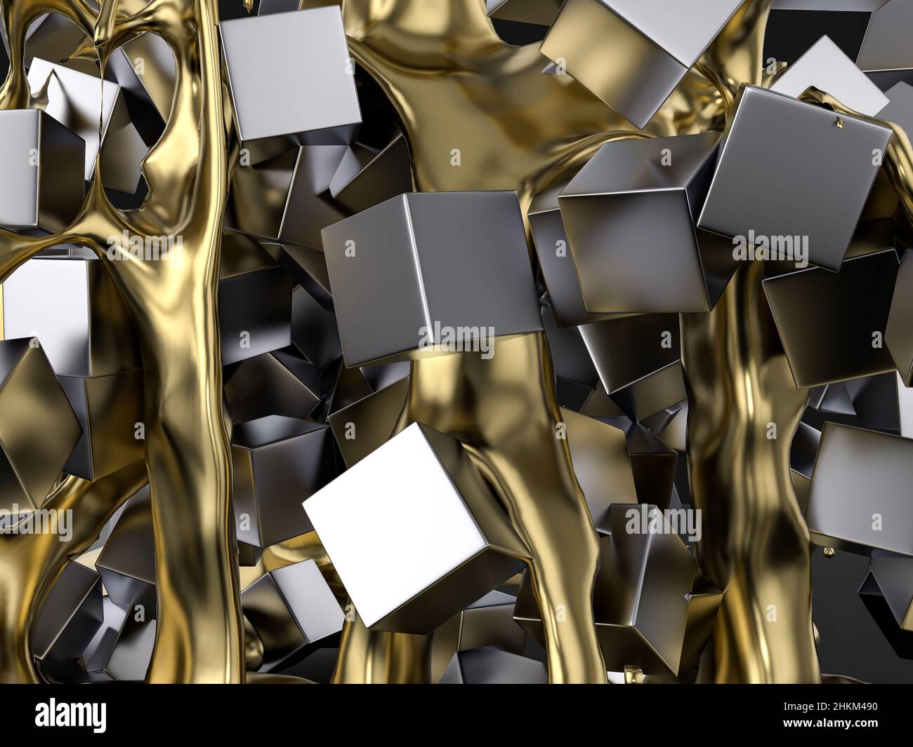 Molten gold on black cubes. 3d illustration Stock Photo - Alamy