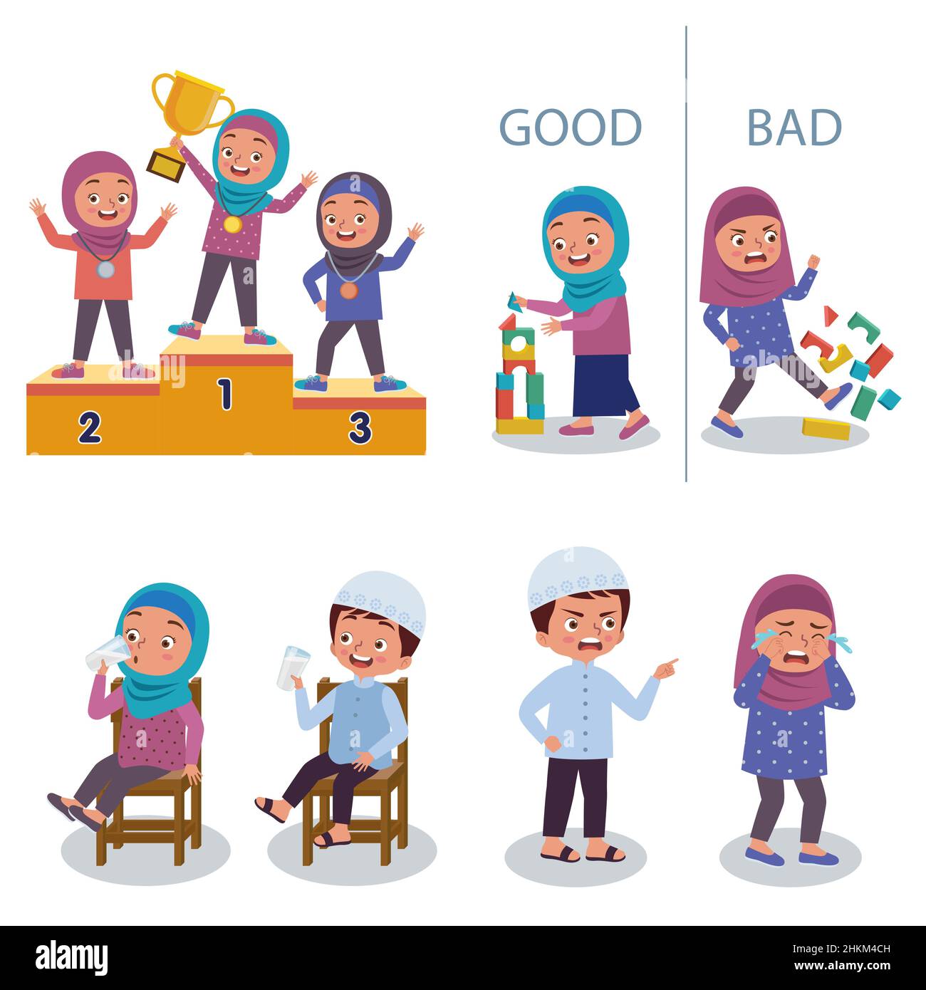 Set of illustration of moslem kids activity, like drinking a water ...