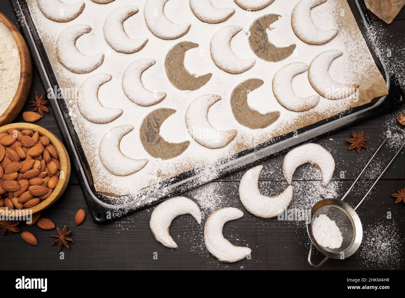 Baking tray with traditional German or Austrian Vanillekipferl vanilla ...