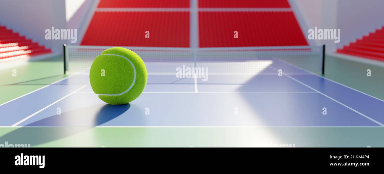 Tennis stadium court outdoor. Ball on sport floor, empty open field ...