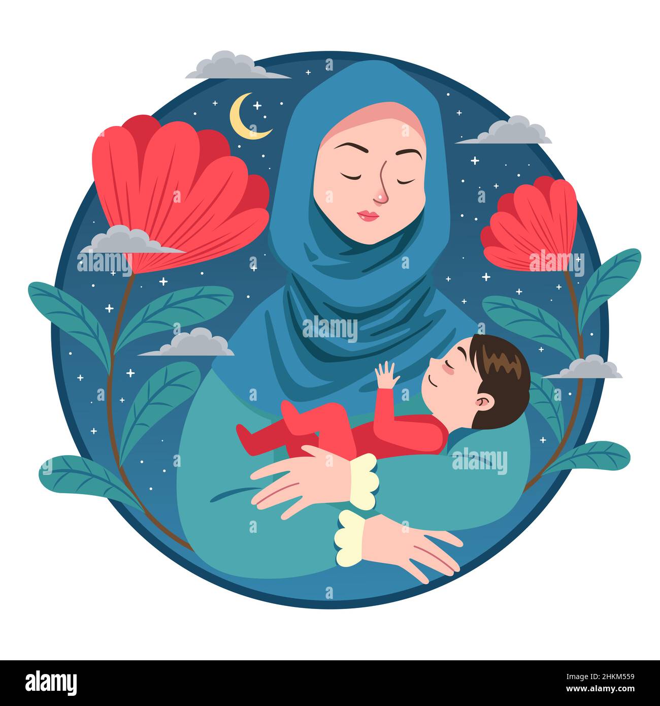 illustration of a Muslim woman holding her baby with a flower ...