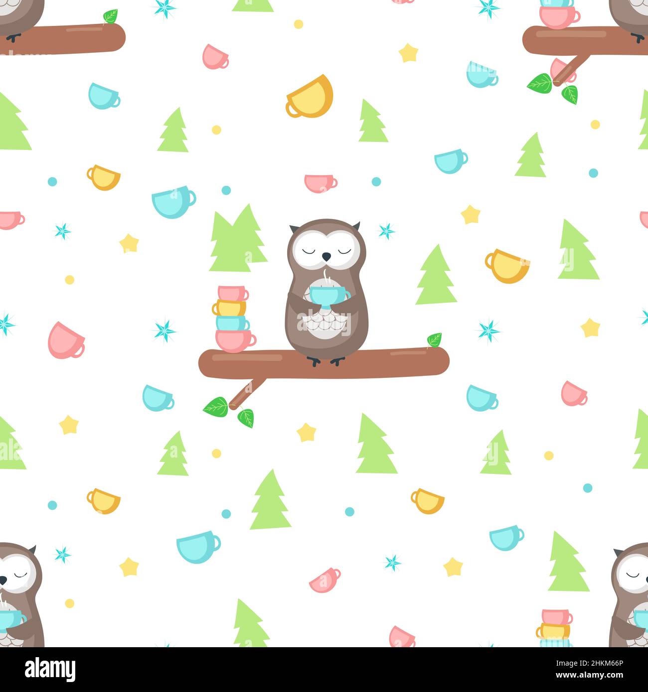 Vector seamless pattern with cute owl having tea Stock Vector Image ...