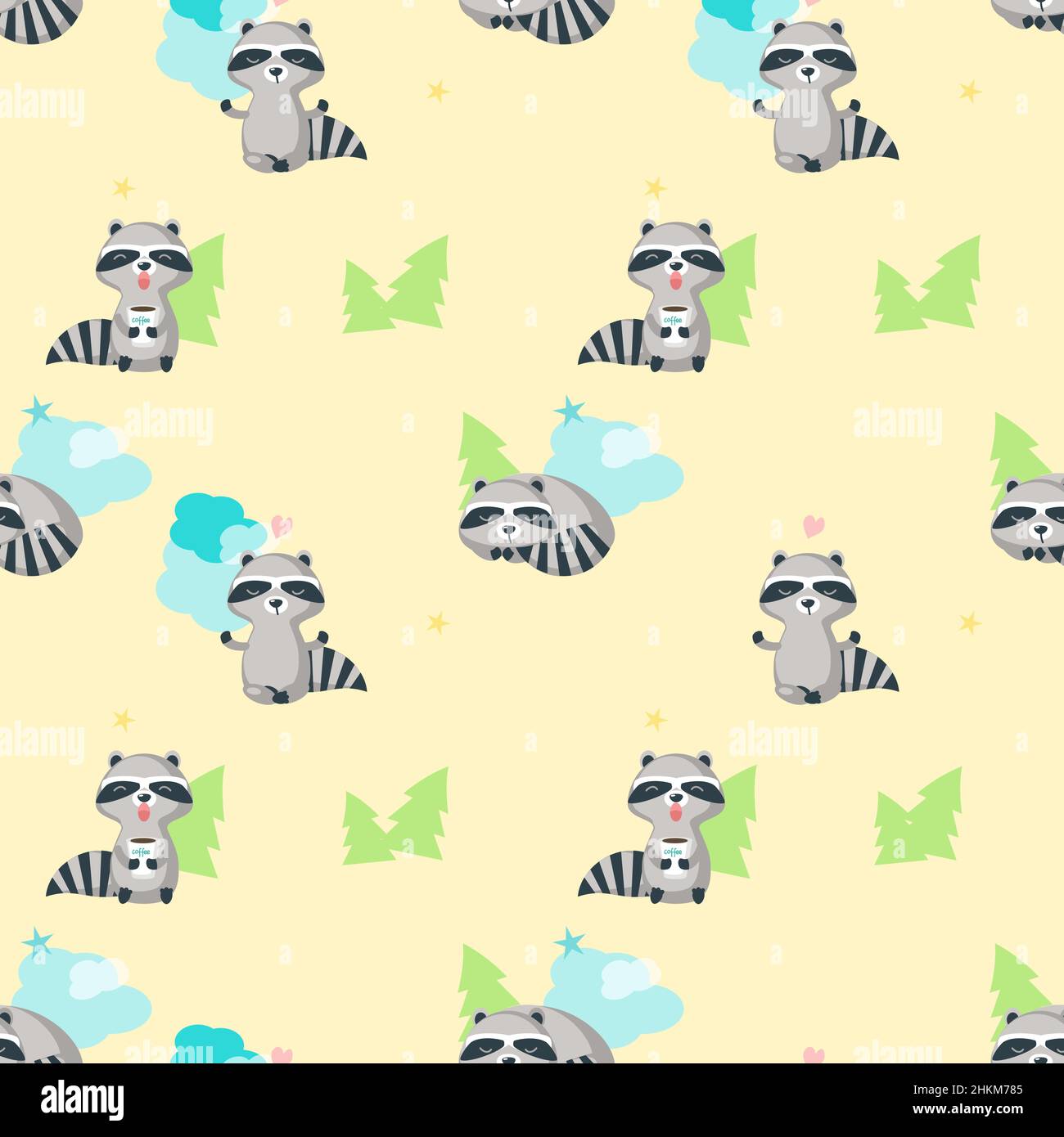 Vector seamless pattern with cute funny raccoons Stock Vector Image ...