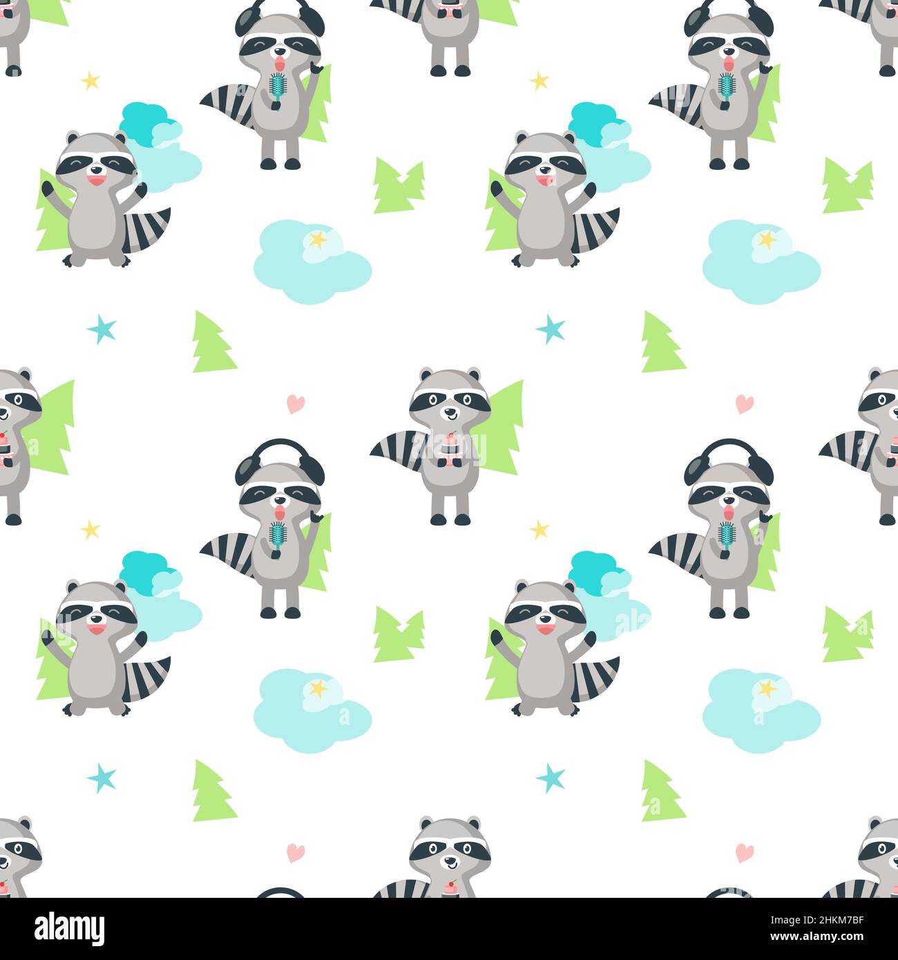 Vector seamless pattern with cute funny raccoons Stock Vector Image ...