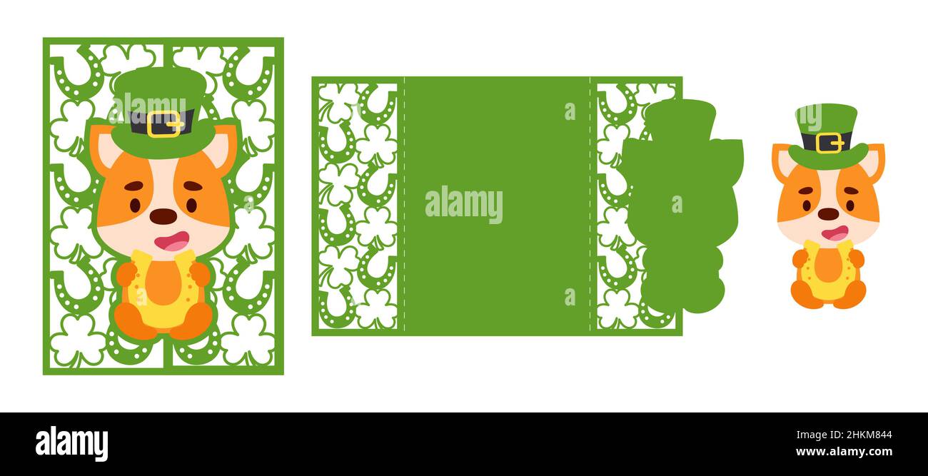St. Patrick's Day dog laser cutting invitation card template. Paper cut ...