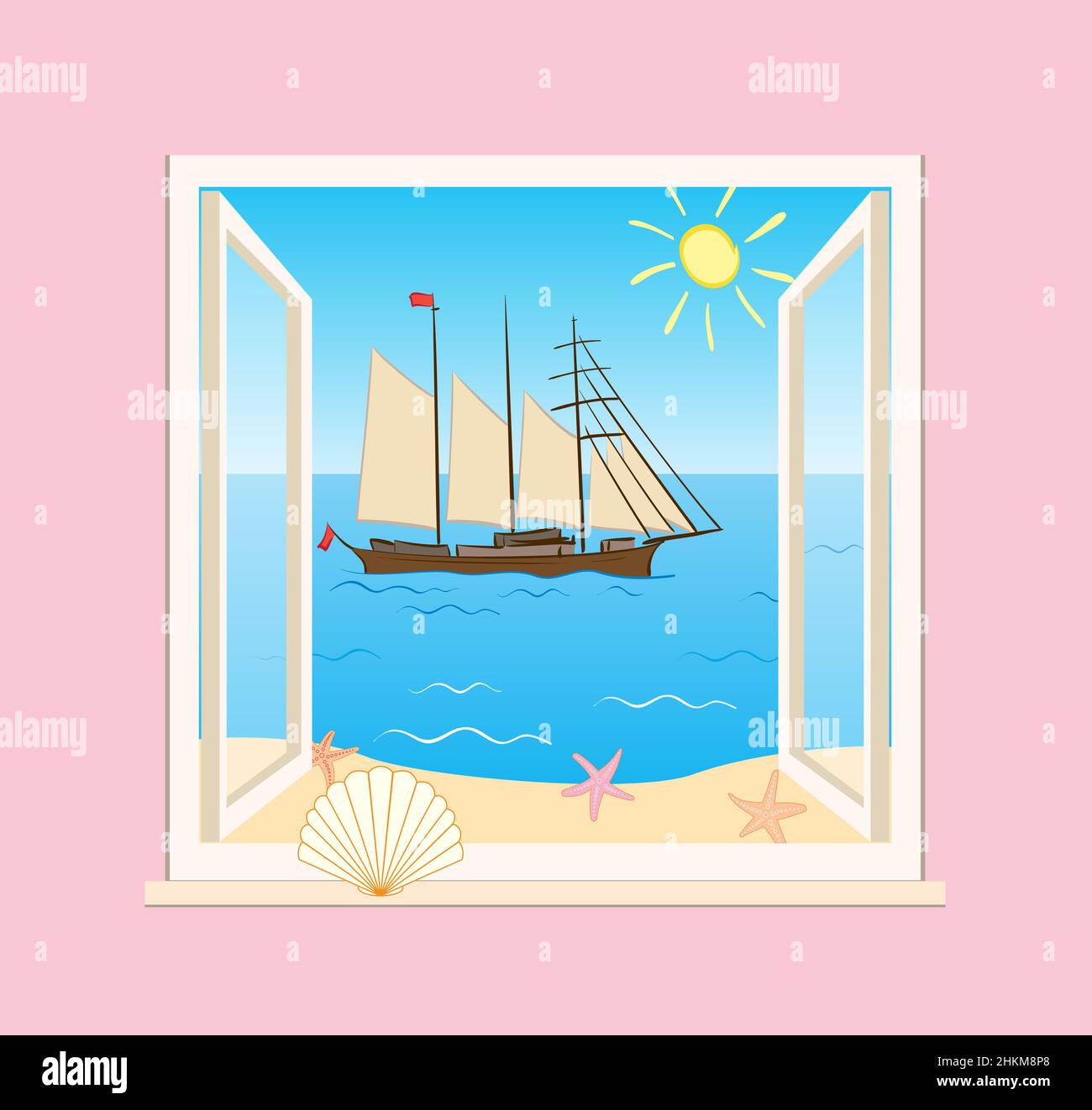blue sea and sailing vessel behind open window - vector illustration of ...
