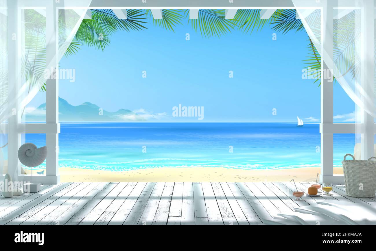 3d Illustration Gazebo On A Tropical Beach Overlooking The Ocean Stock