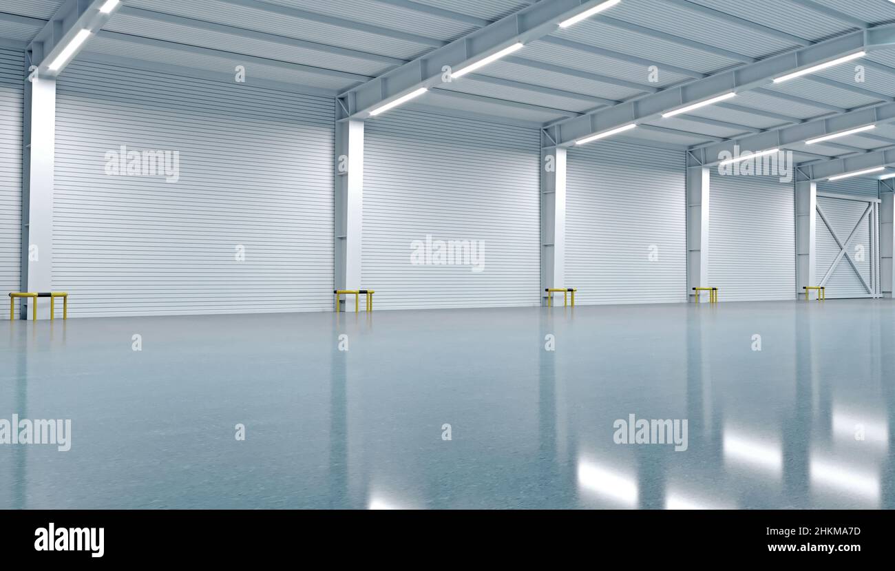 3D illustration. New empty warehouse or factory. Logistics center. Open ...