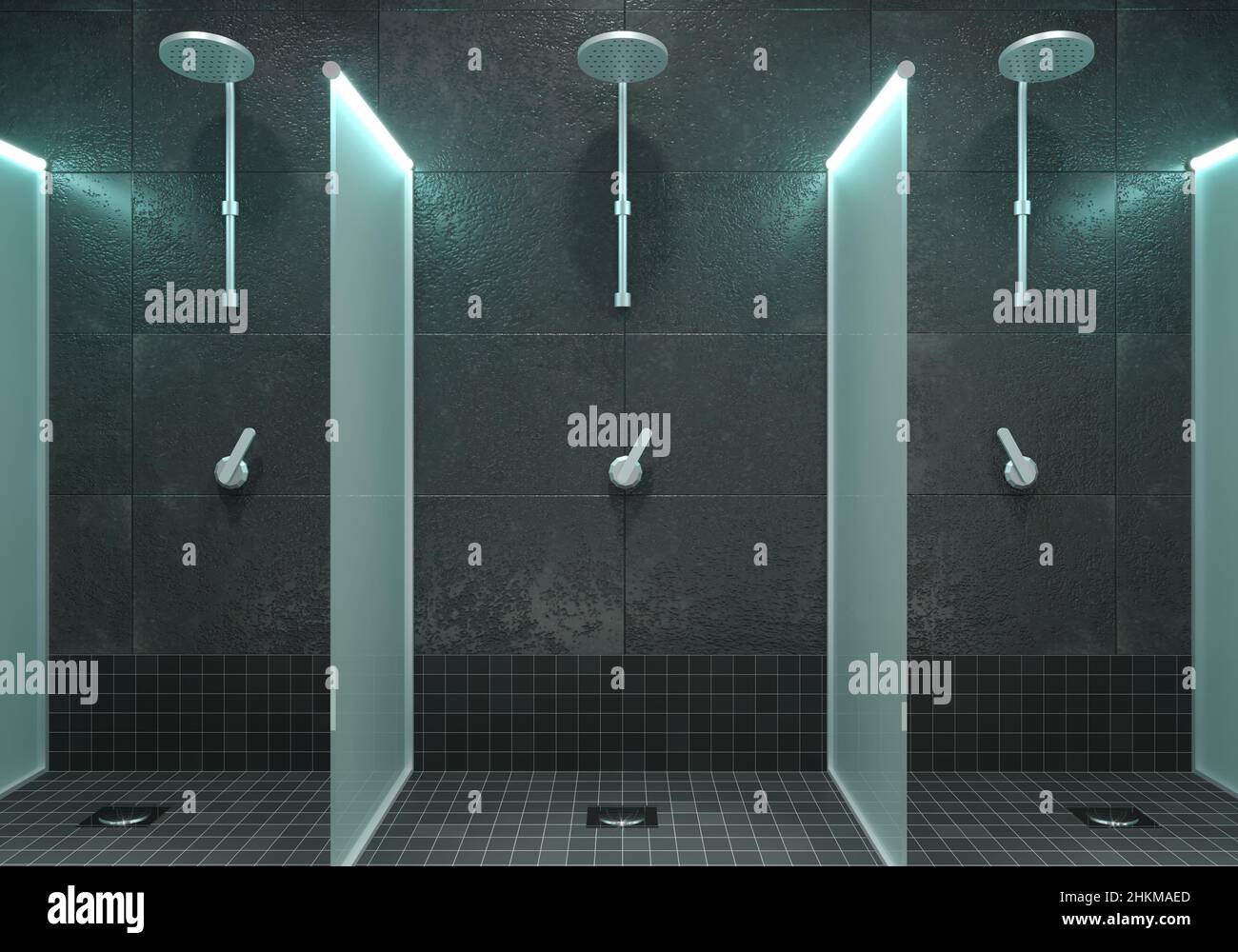 3d illustration. Modern glass shower room. Ceramic tile finishing. Home ...