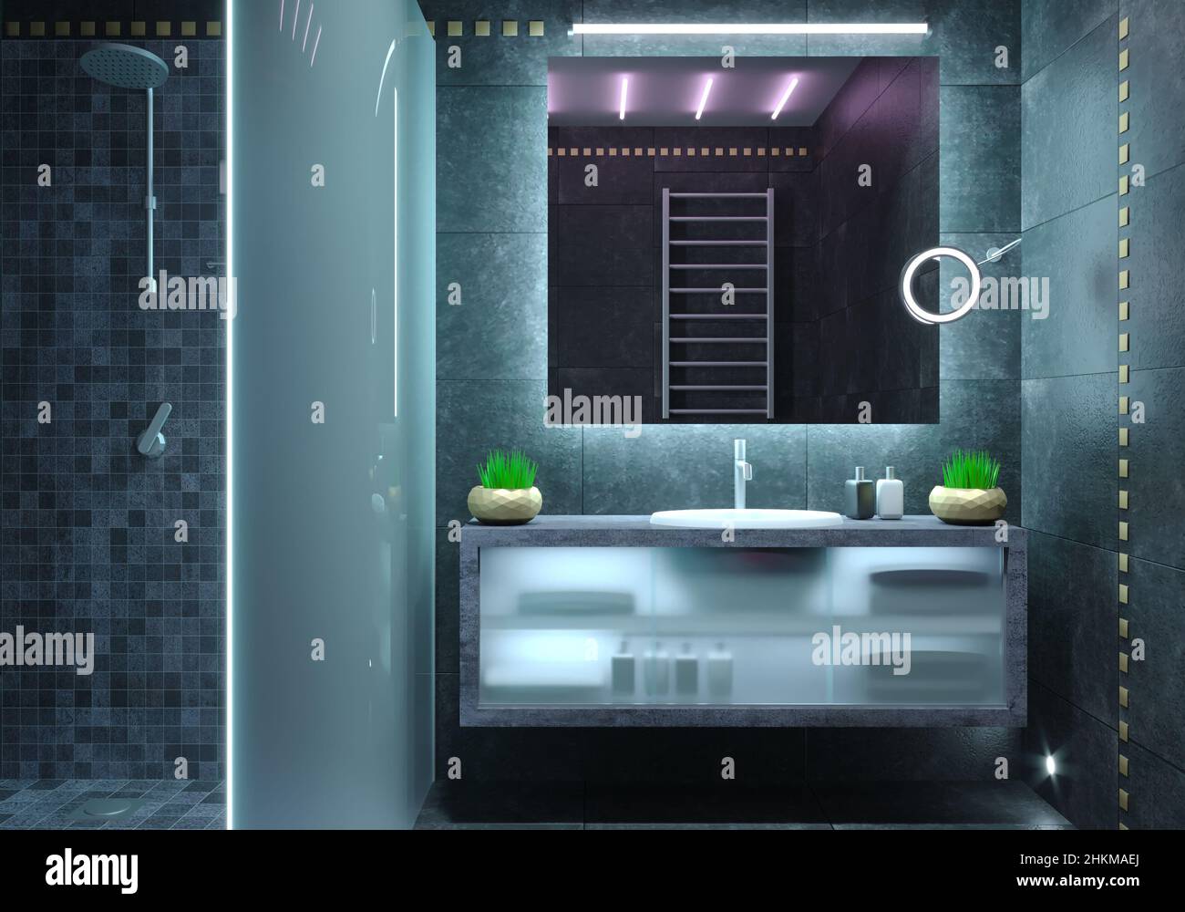 3d illustration. Modern glass shower room. Ceramic tile finishing. Home ...