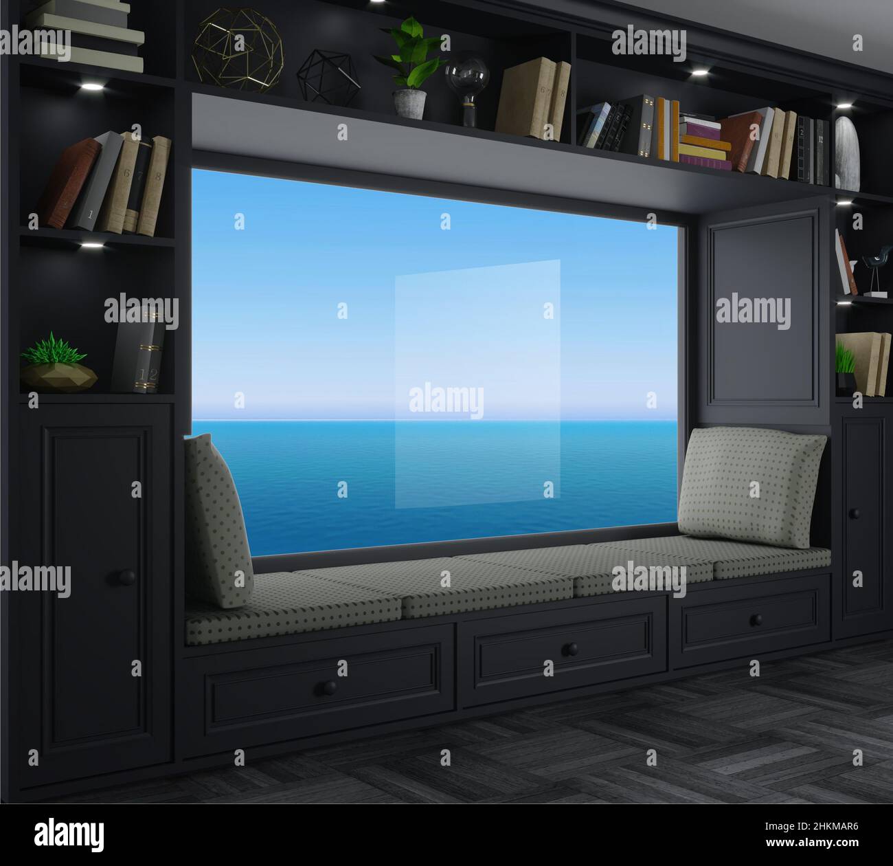 3d illustration. Wide panoramic window sofa in the room. Classic ...