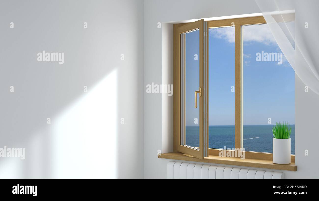 3d illustration. The open wooden modern plastic window in the room ...