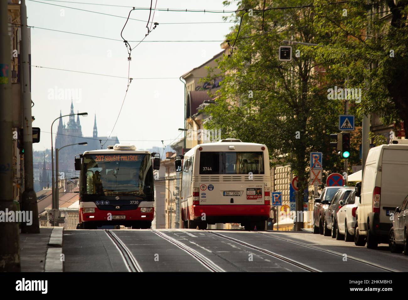 PRAGUE, CZECH REPUBLIC. June 15, 2021. Prague city buses on a summer ...