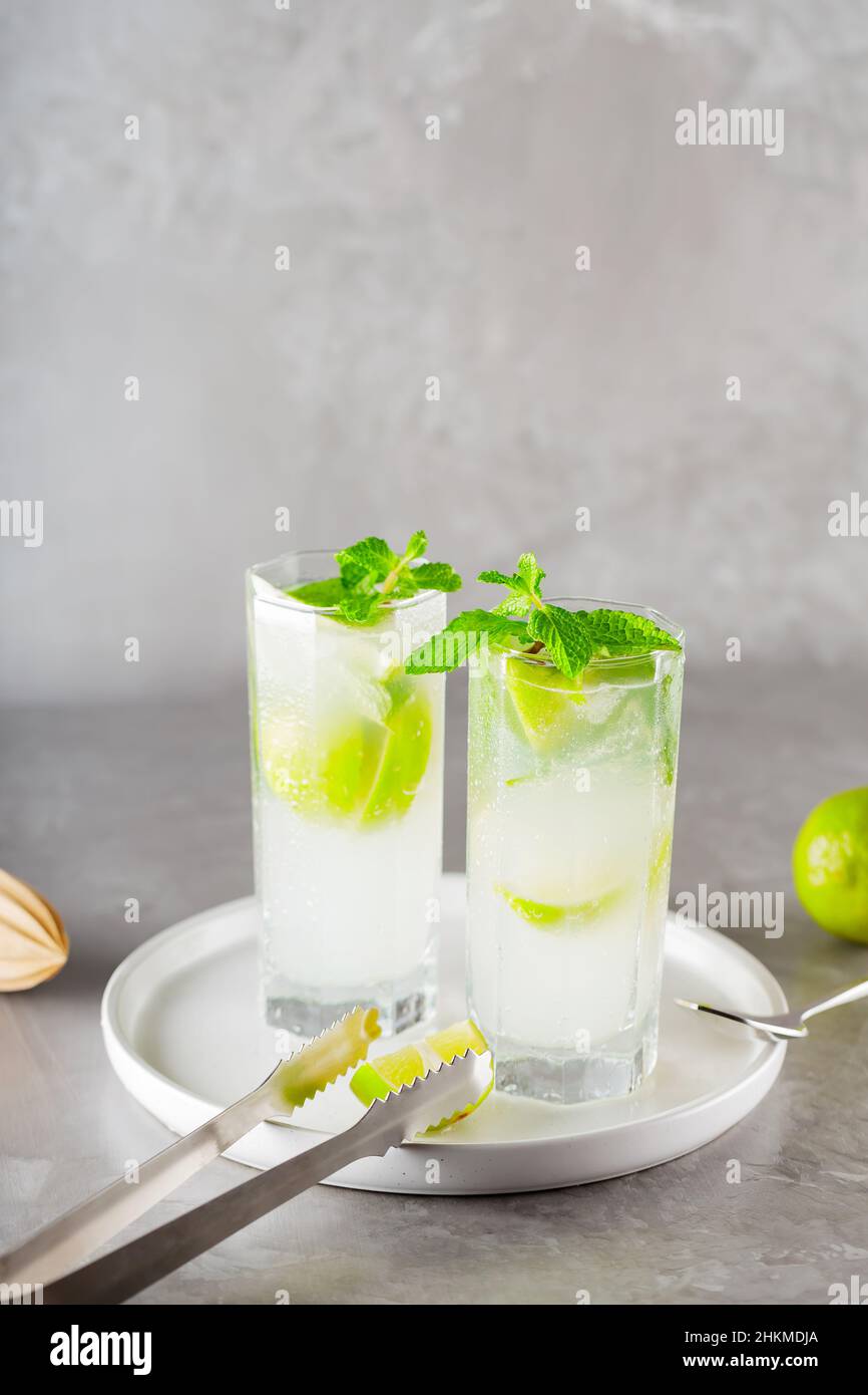 Mojito cocktail and bar accessories on gray background. Two highball ...