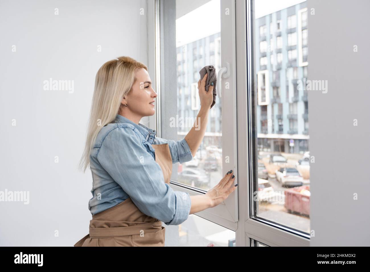 Young Smiling Woman Washing Window with Sponge. Happy Beautiful Girl ...