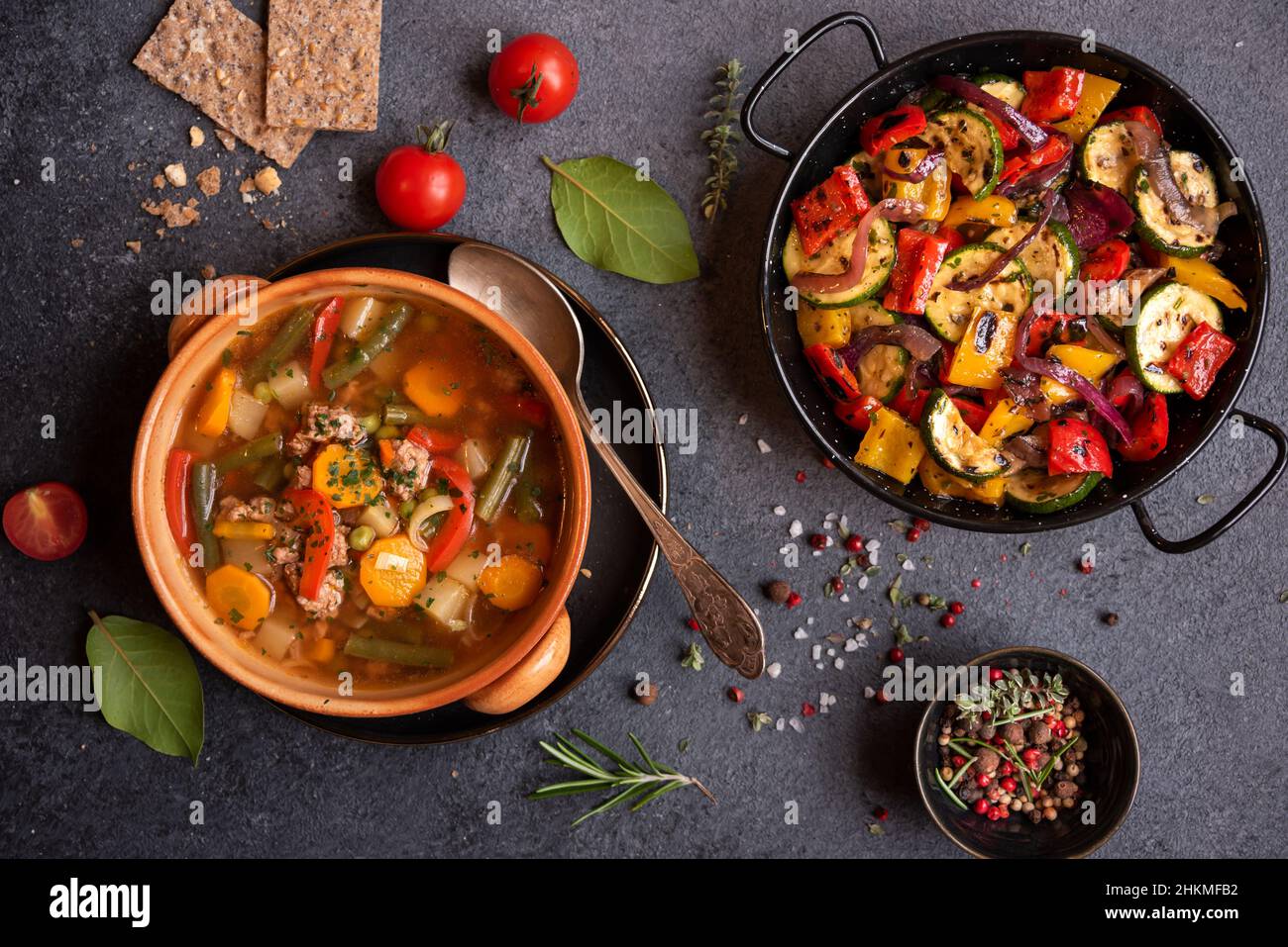 Roasted cooked assorted vegetables with herbs and spices Stock Photo ...