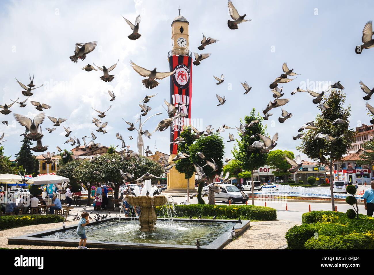 View of flying birds with Clock Tower in the background in Corum ...