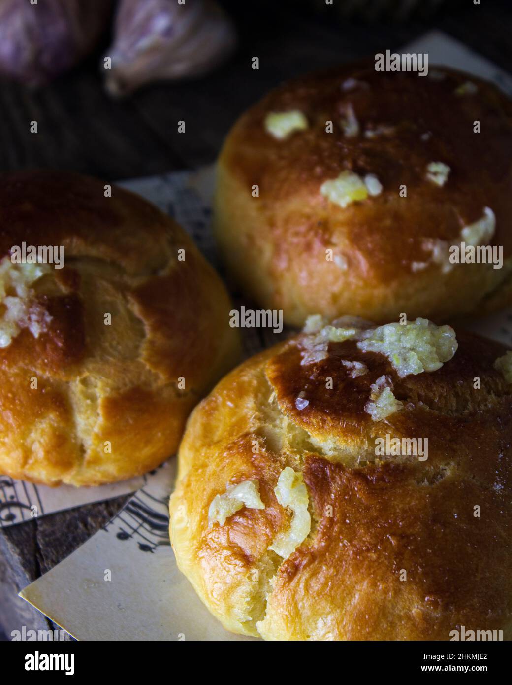Traditional Russian and Ukrainian buns with garlic. Rustic style ...