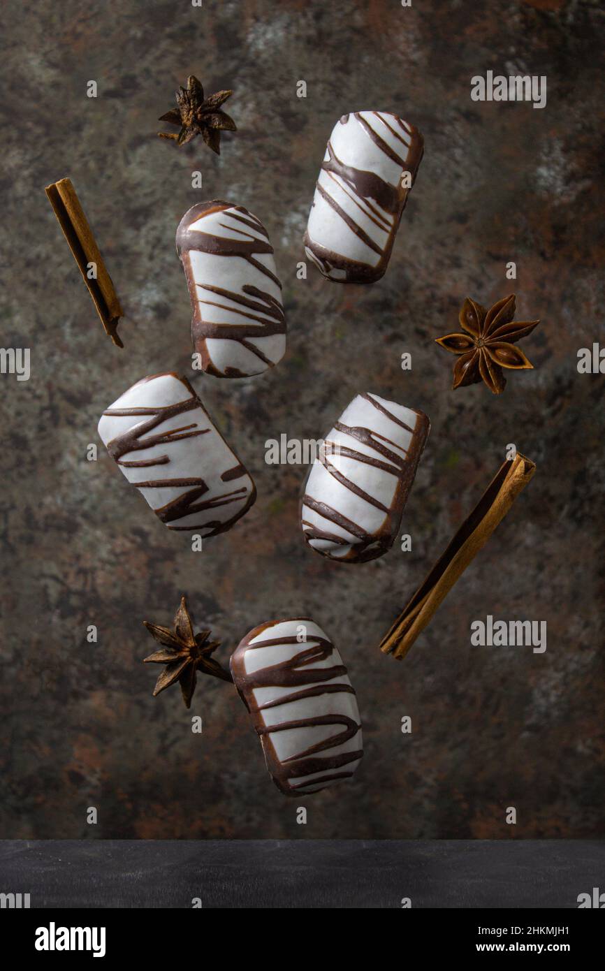 Honey gingerbread. Levitation. Dark background. Rustic style Stock ...