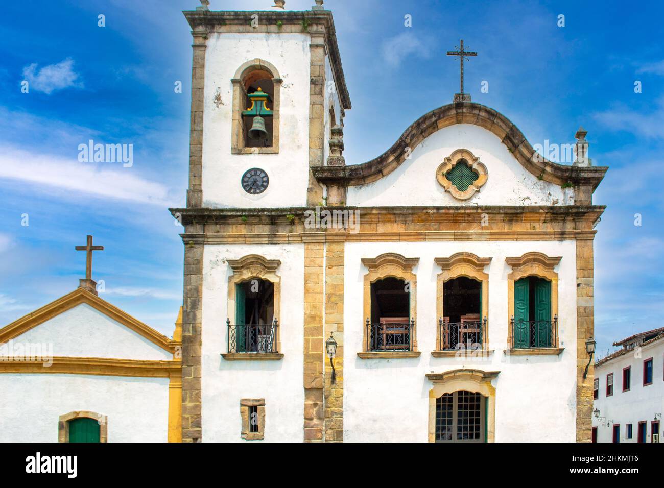 Portuguese style Catholic church facade. The colonial town with its ...